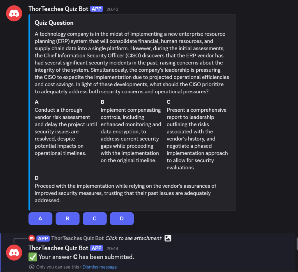 FREE CISSP Quiz Bot LIVE on our Discord Study server!