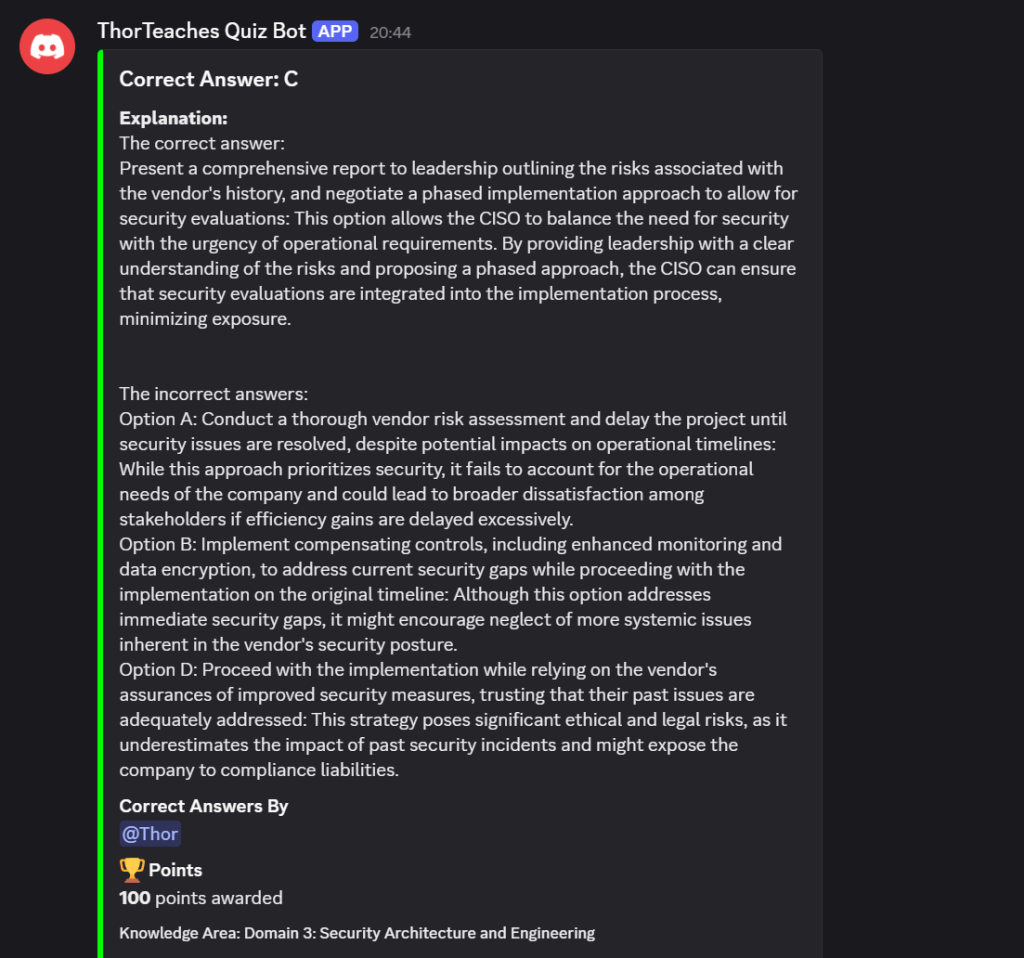 FREE CISSP Quiz Bot LIVE on our Discord Study server!